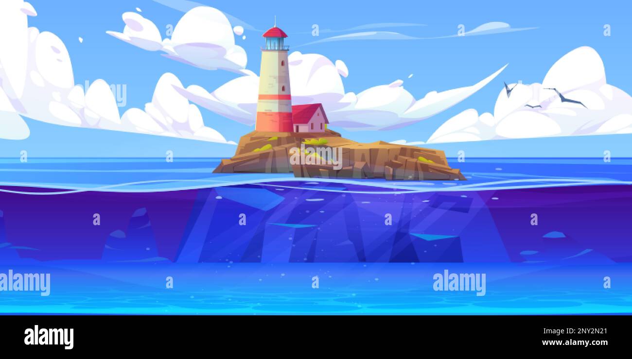 Cartoon vector sea landscape background with lighthouse on island ...