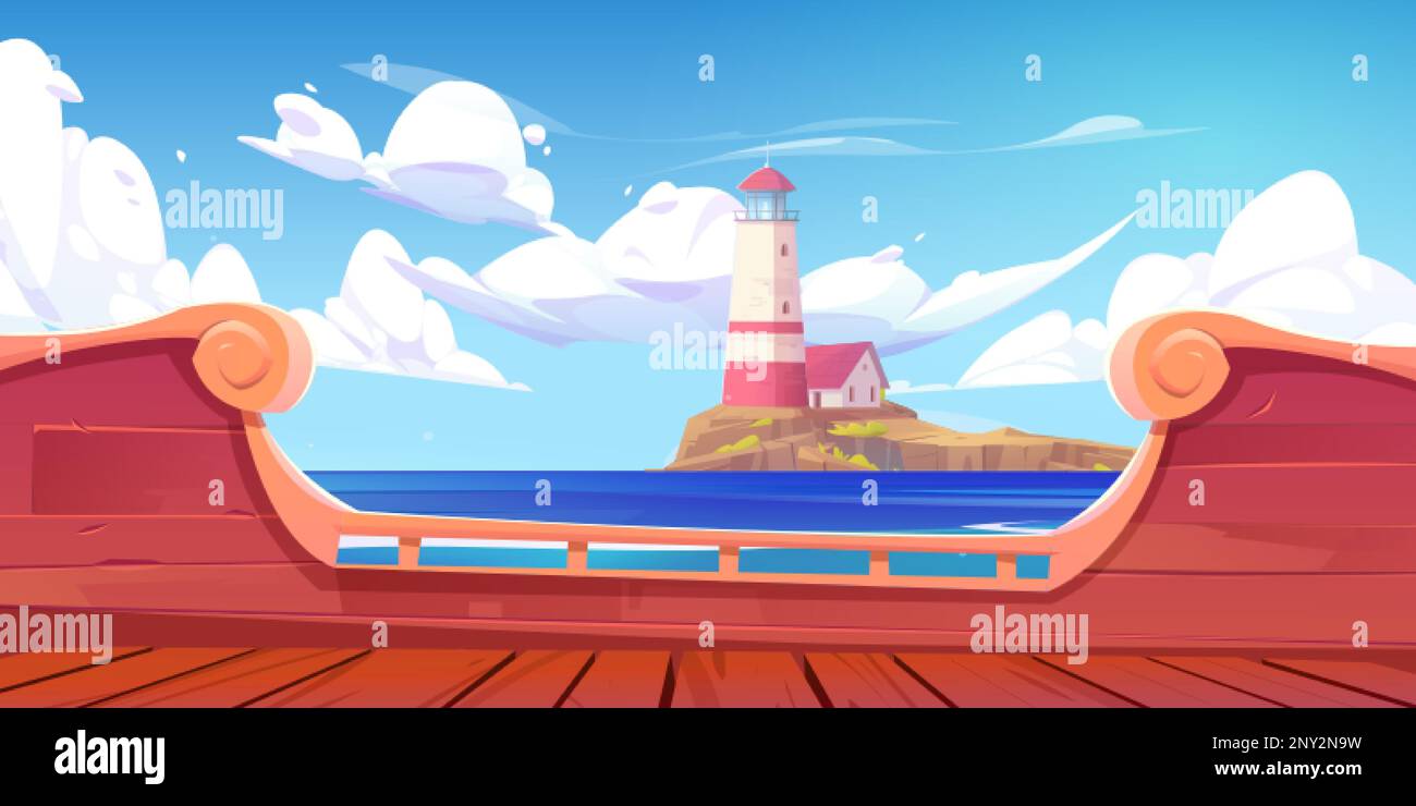Sea landscape with lighthouse on island, ship deck view. Cartoon vector ...