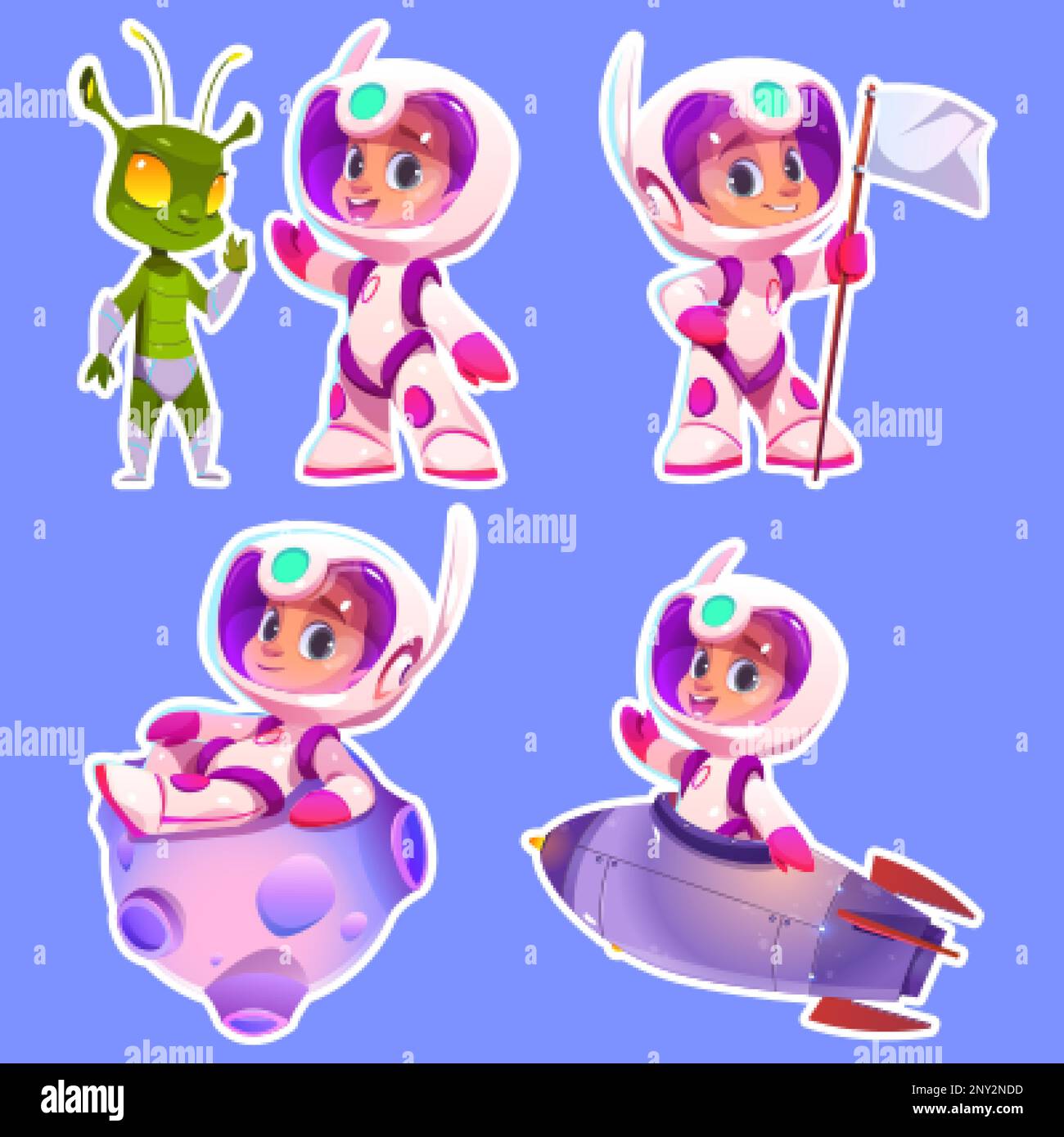 Sticker pack, set of kid astronaut in space cartoon vector illustration ...