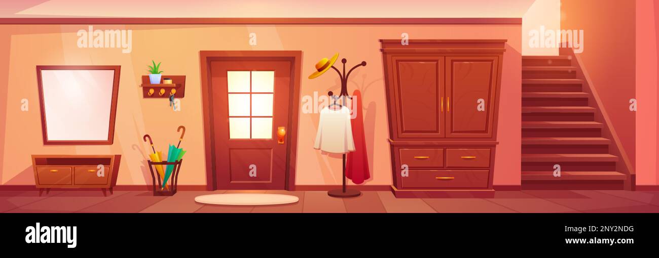 Cartoon house hallway interior design. Vector illustration of room with ...