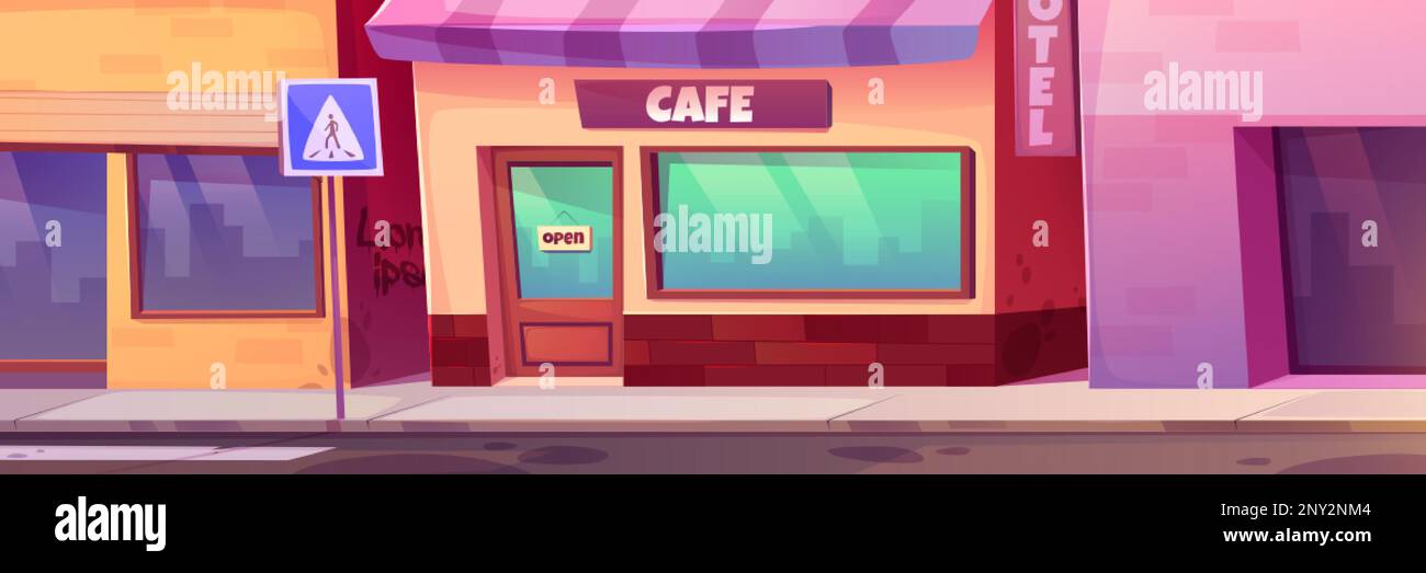 Modern cafe facade with large window and open sign on door. Vector ...