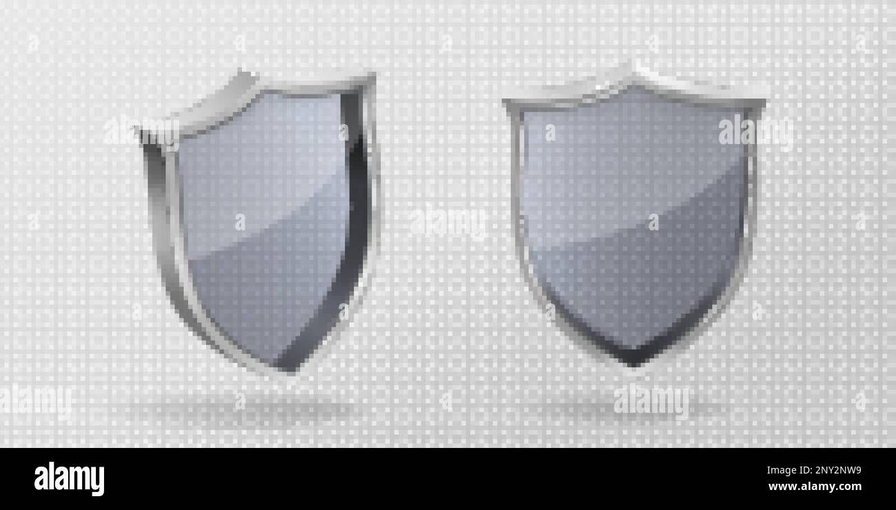 Realistic set of glass shields in metal frame front and side view ...