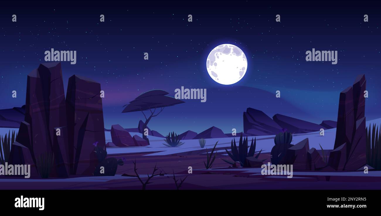 Wild Arizona night desert landscape with rock and full moon cartoon ...