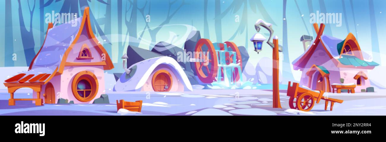 Dwarf village houses covered with snow in winter. Vector cartoon ...