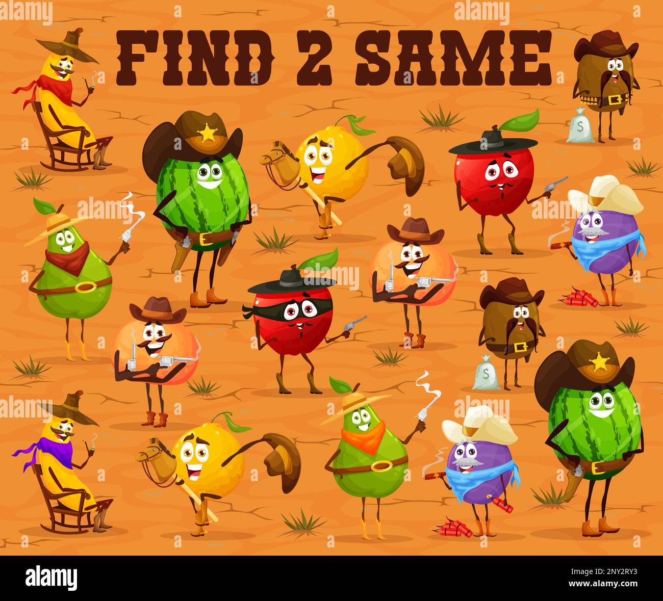Find two same western cartoon fruit cowboy, ranger, sheriff and robber ...