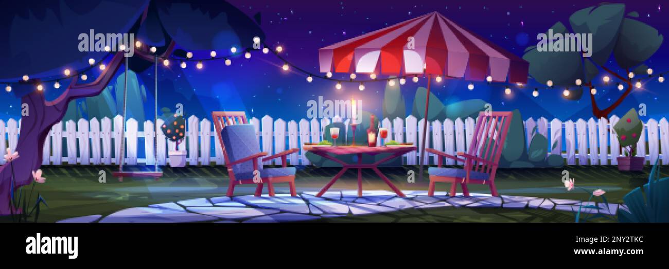 Night backyard with romantic party for two. Vector cartoon illustration ...