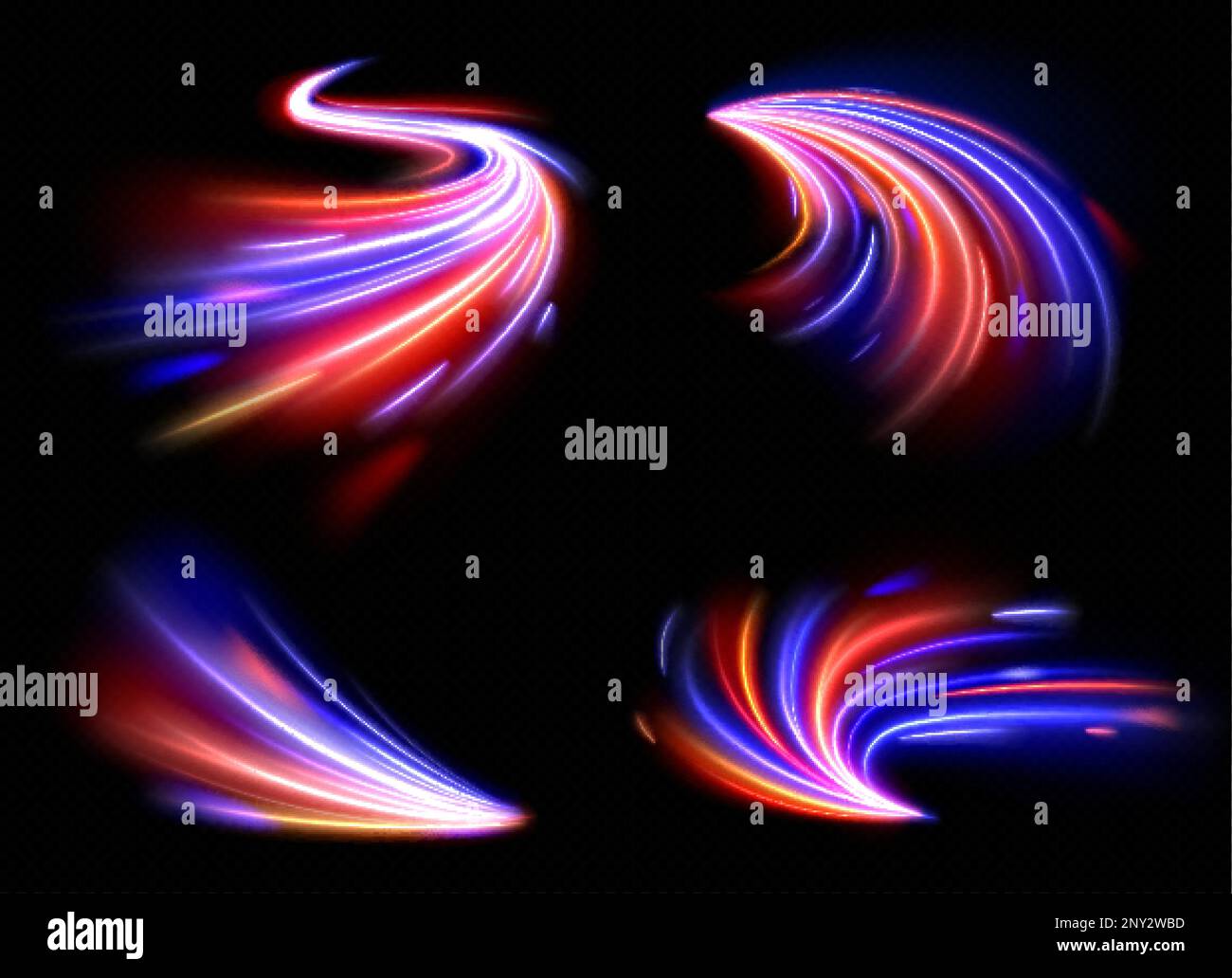 Realistic set of long exposure light effects isolated on black background. Vector illustration ...