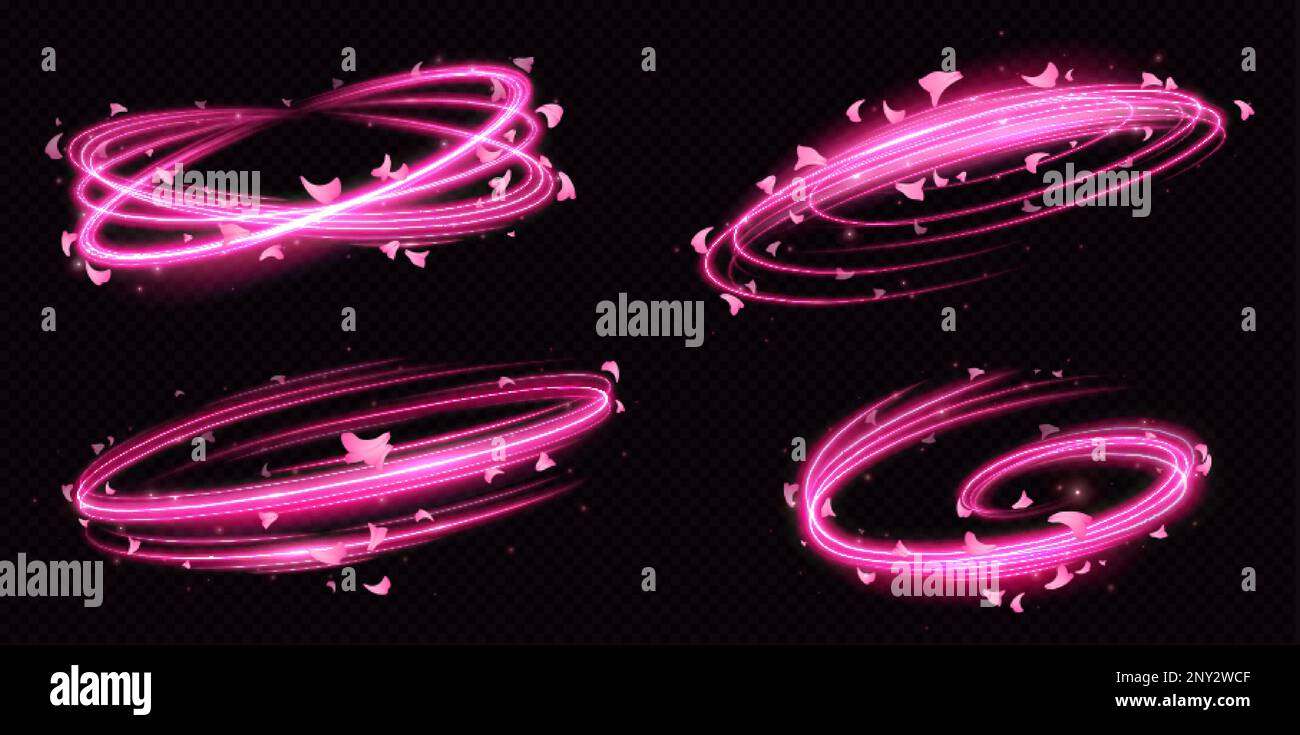 Pink motion light swirl and flying cherry flower petals isolated vector ...