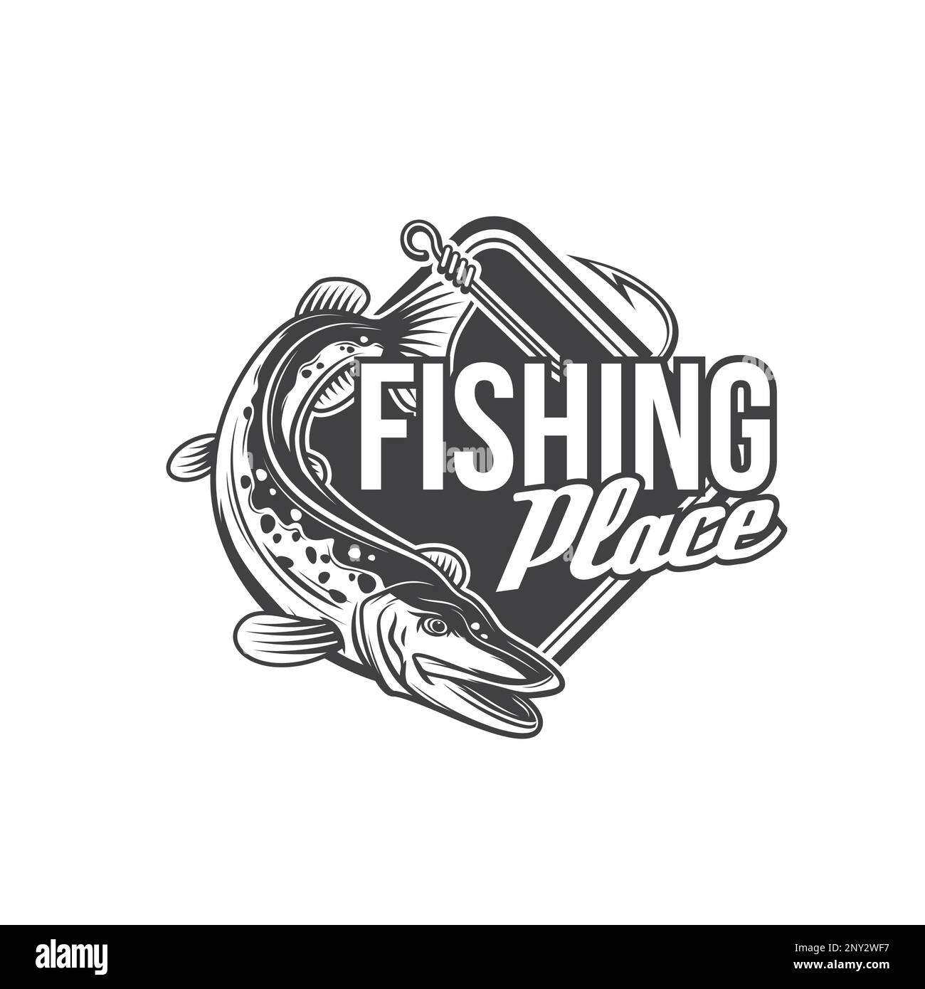 Pike fishing icon, vector fish and fisherman tackle hook. Fishing sport ...