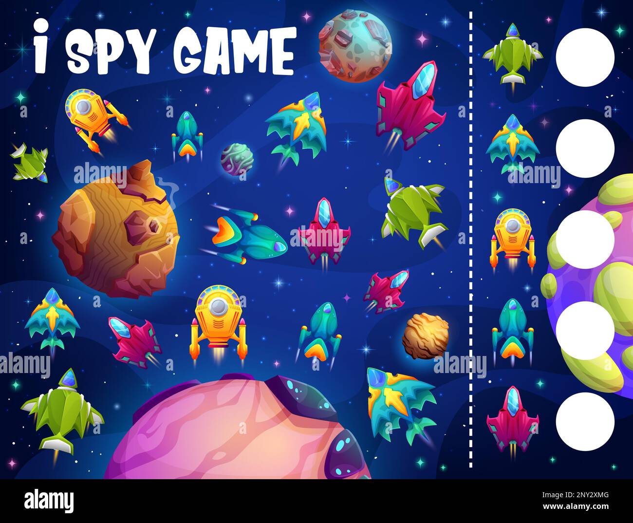 I spy game cartoon starship, starcraft and space shuttles. Kids vector ...