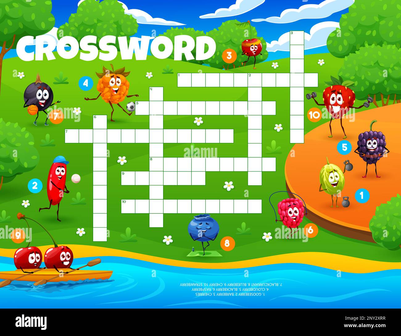 Crossword grid cartoon berry characters on summer vacation. Quiz game ...