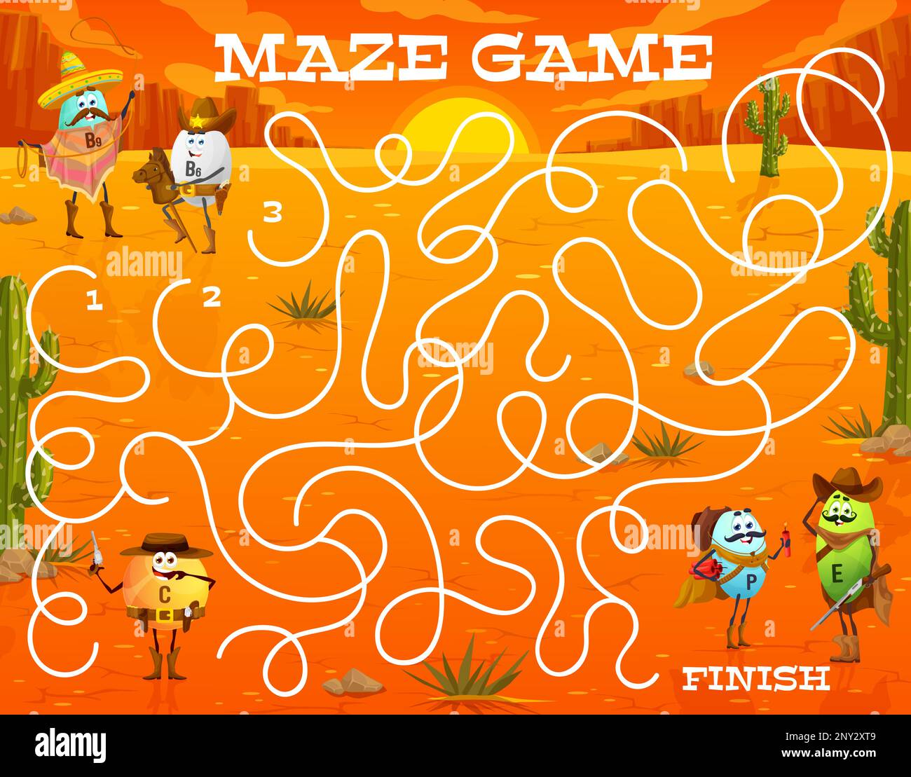 Labyrinth maze, cartoon vitamins help sheriff and cowboy to catch ...