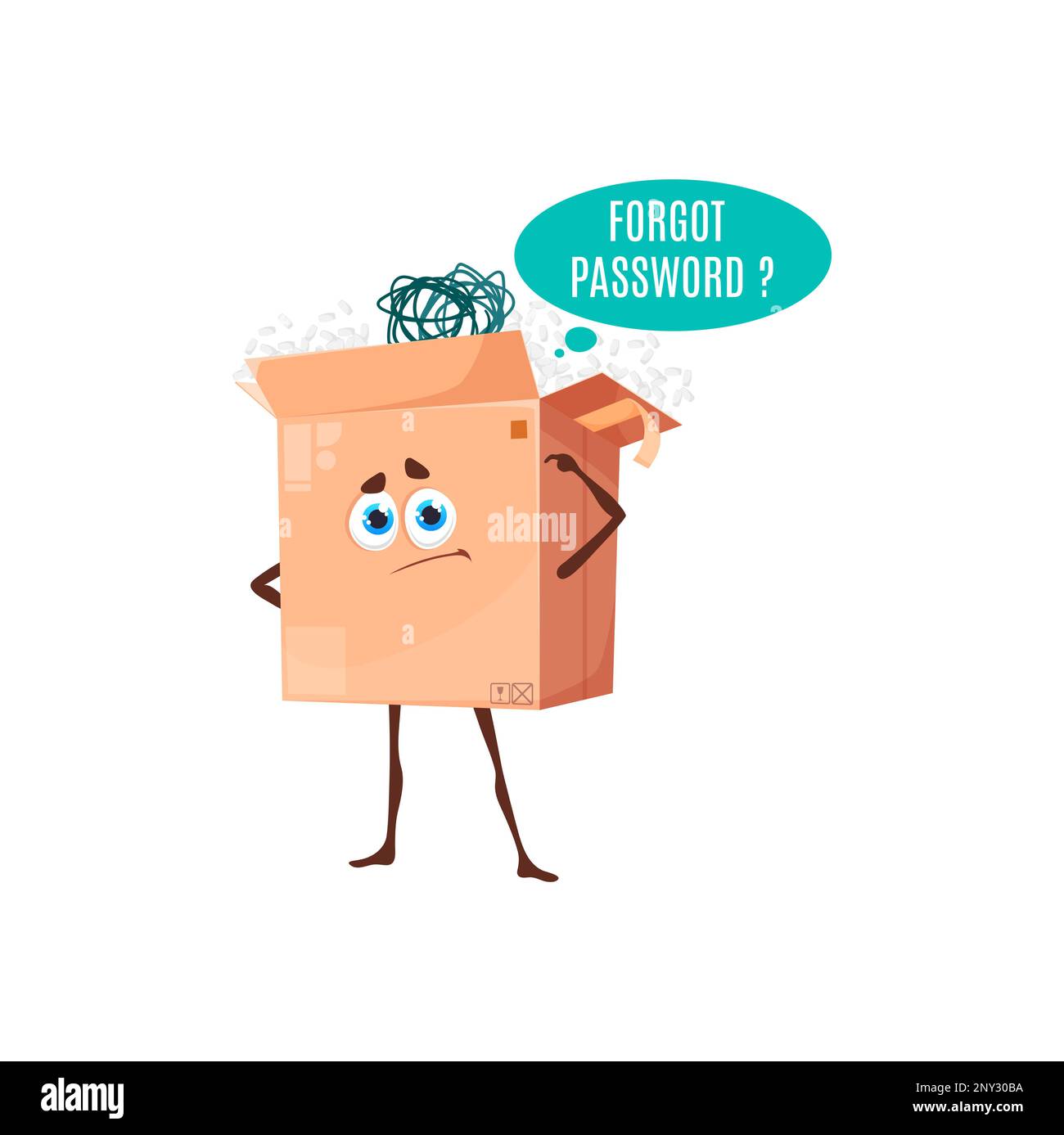 Forgot password cartoon parcel box character. Pensive cardboard package ...