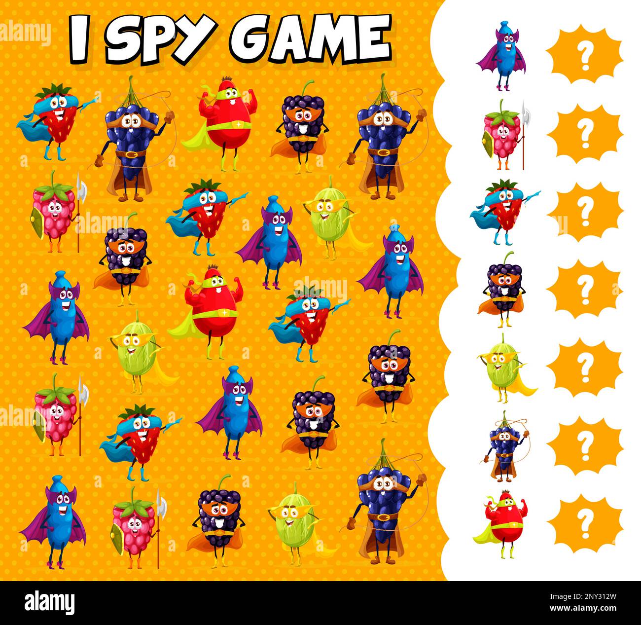 I spy game cartoon superhero berry characters. Kids vector mind ...