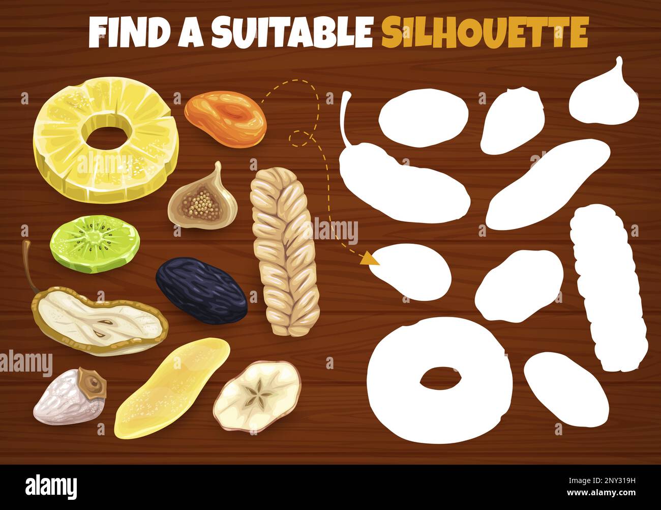 Dried fruits find a suitable silhouette kids game. Vector shadow match ...