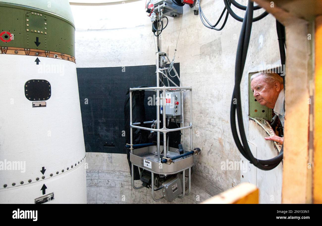 In this Sept. 27, 2017 photo, Bob Hicks looks at the unarmed Minuteman ...