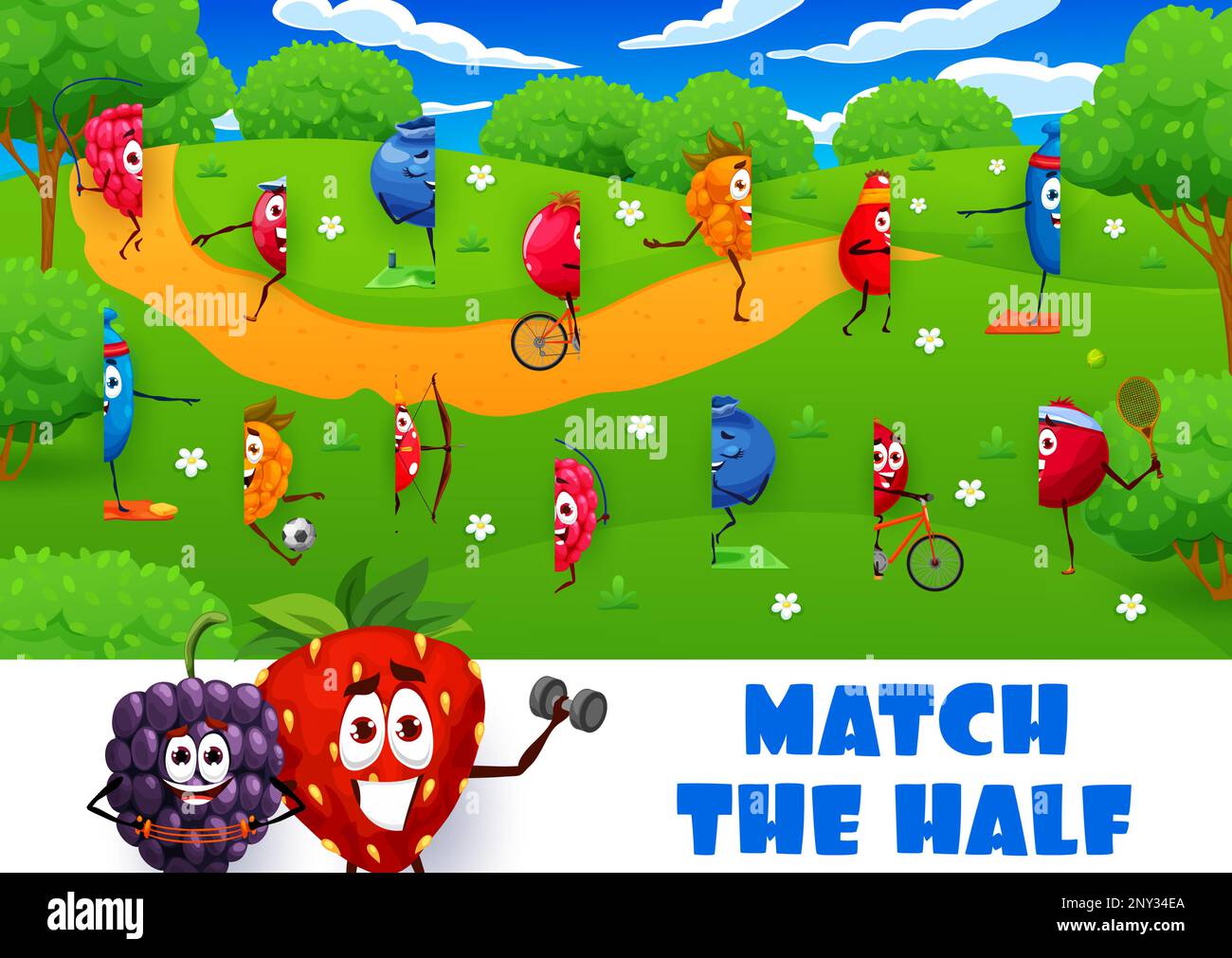 Match half of cartoon cheerful berry characters on summer meadow ...