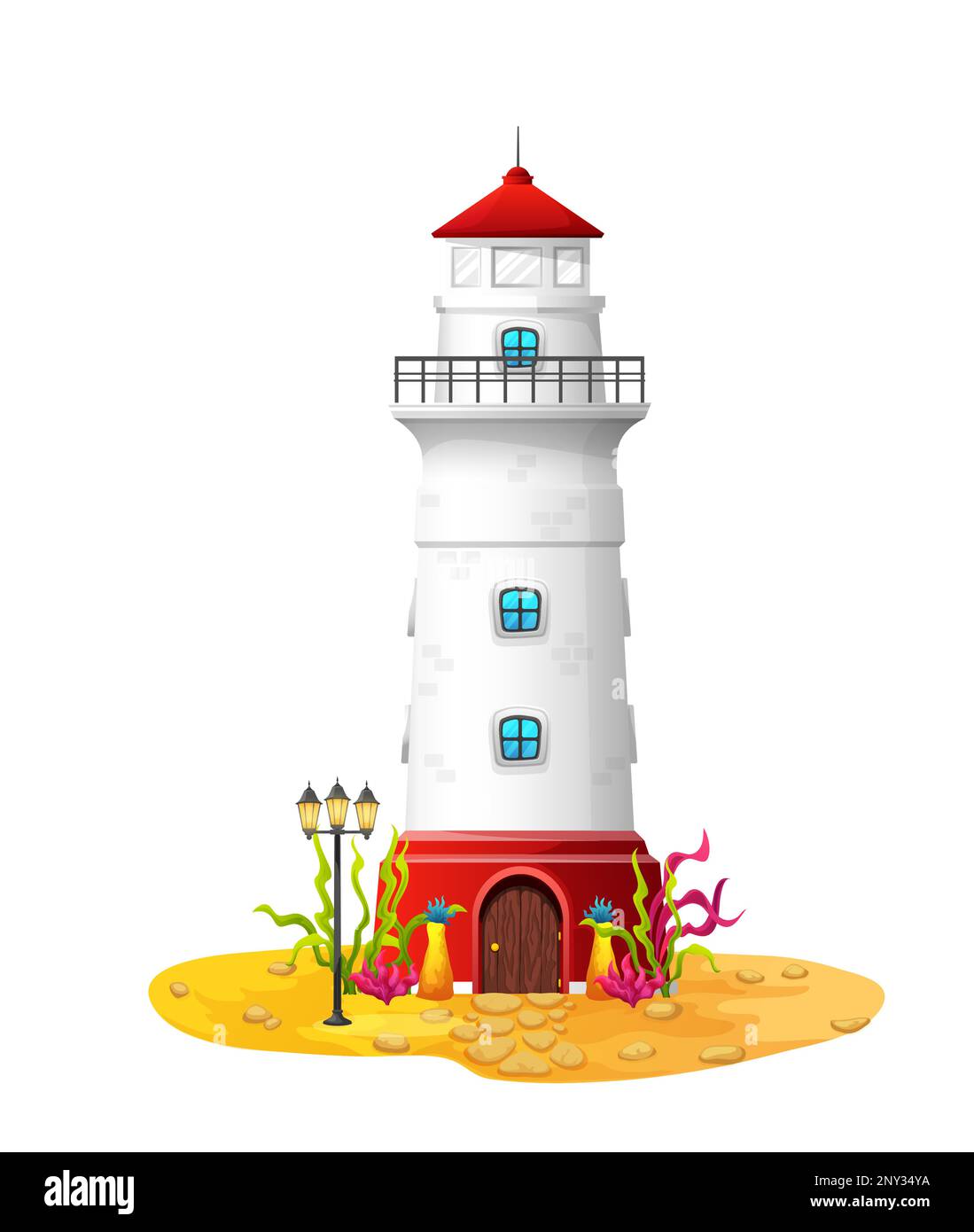 Cartoon sunken lighthouse, underwater house building or undersea ...