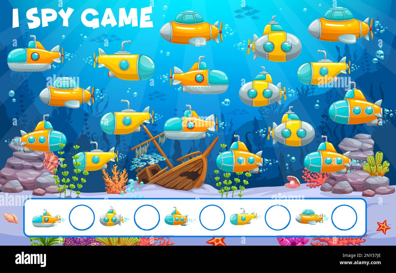 Cartoon underwater submarine and bathyscaphe i spy game worksheet. Kids ...