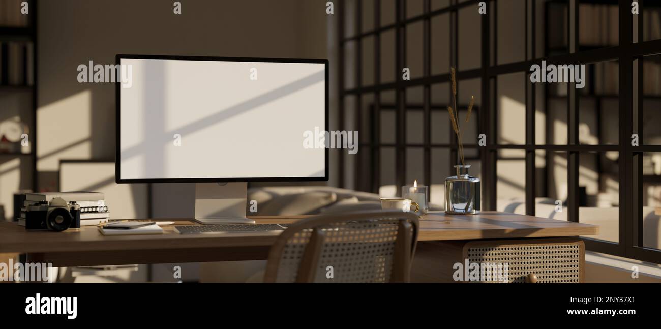 Interior design of modern contemporary office room with PC desktop computer mockup and ...