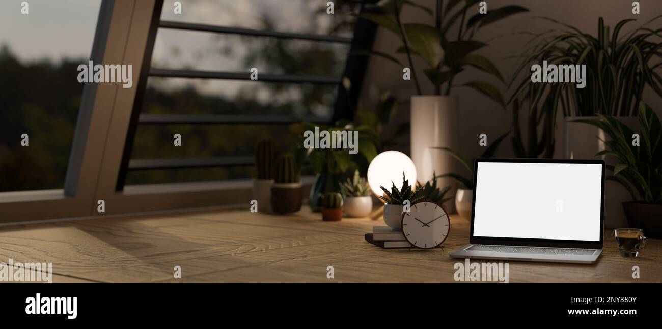 Home workspace at night, Laptop white screen mockup on the floor with ...