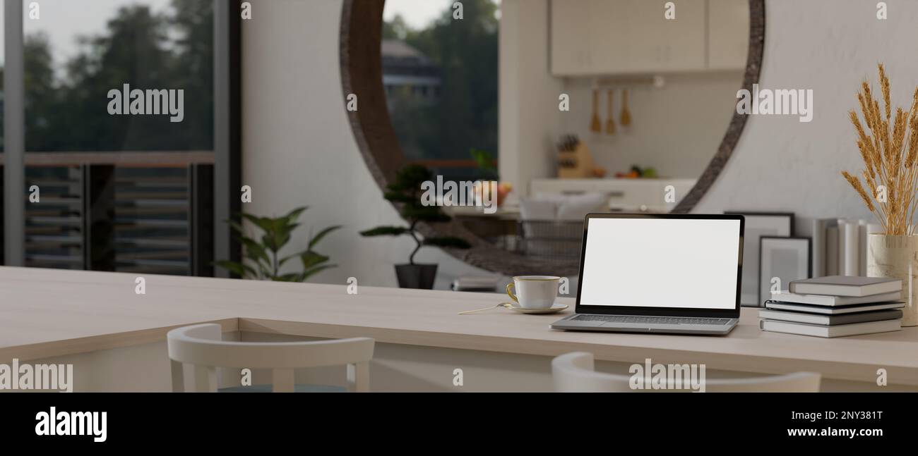 Cozy contemporary home workspace interior design with portable laptop ...