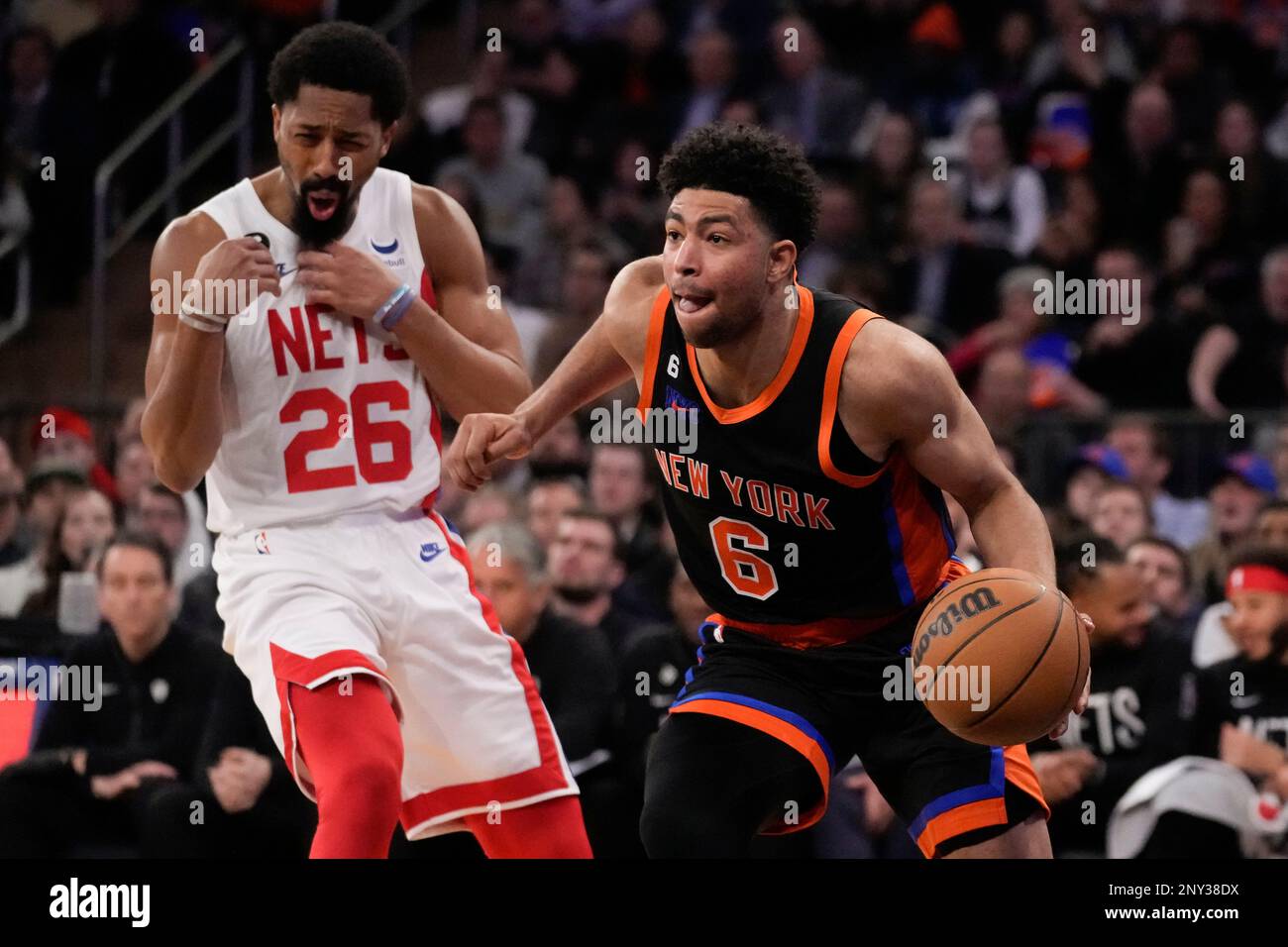 New York Knicks guard Quentin Grimes (6) drives past Brooklyn Nets ...