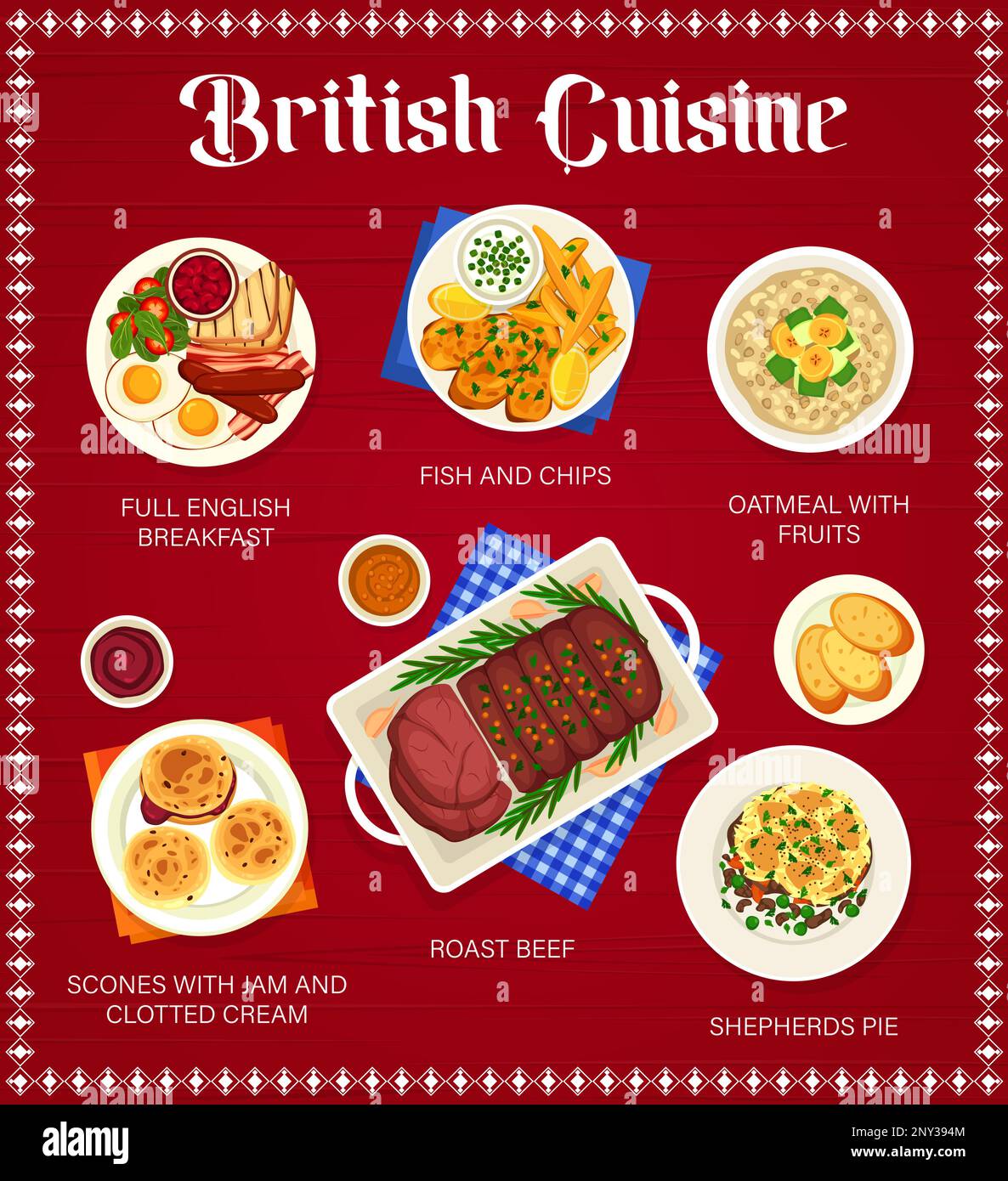 British cuisine food menu page. Fish and chips, coffee and shepherds ...