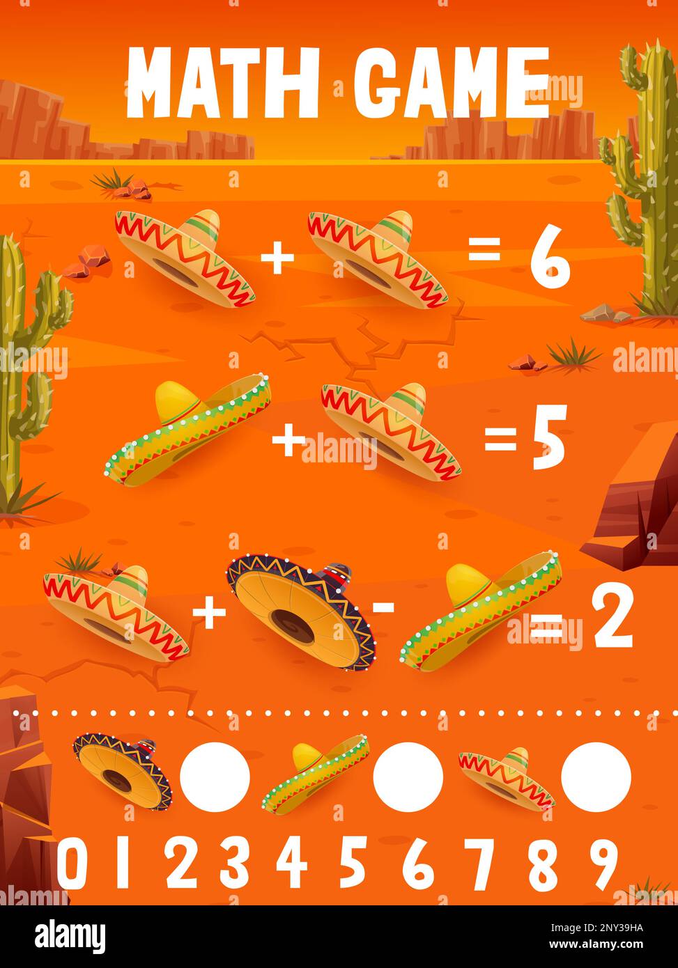 Math game worksheet, Mexican sombrero hats, desert and cactus, vector ...