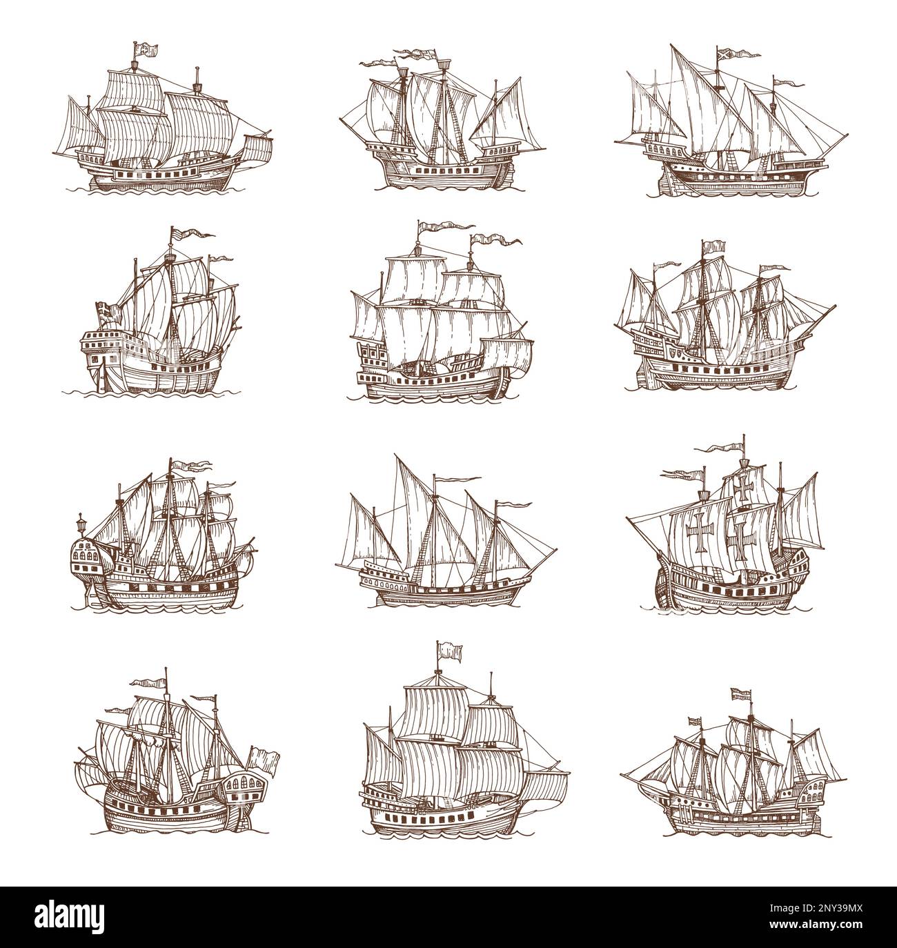 Sail ship, sailboat or brigantine sketch, vector pirate frigate icons ...