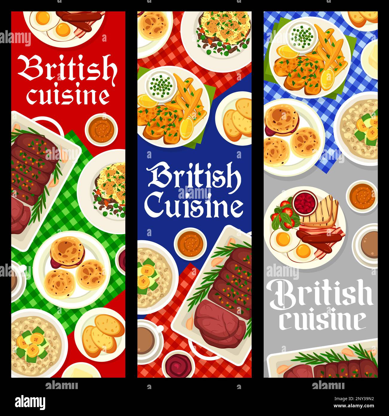 British cuisine restaurant food banners. Fish and chips, scones with ...