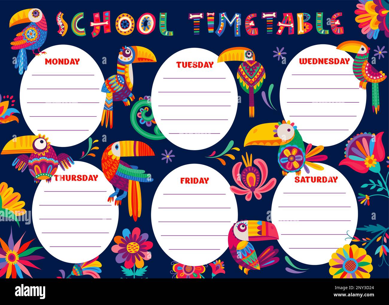 Timetable schedule, Brazilian and Mexican toucan birds and flowers ...