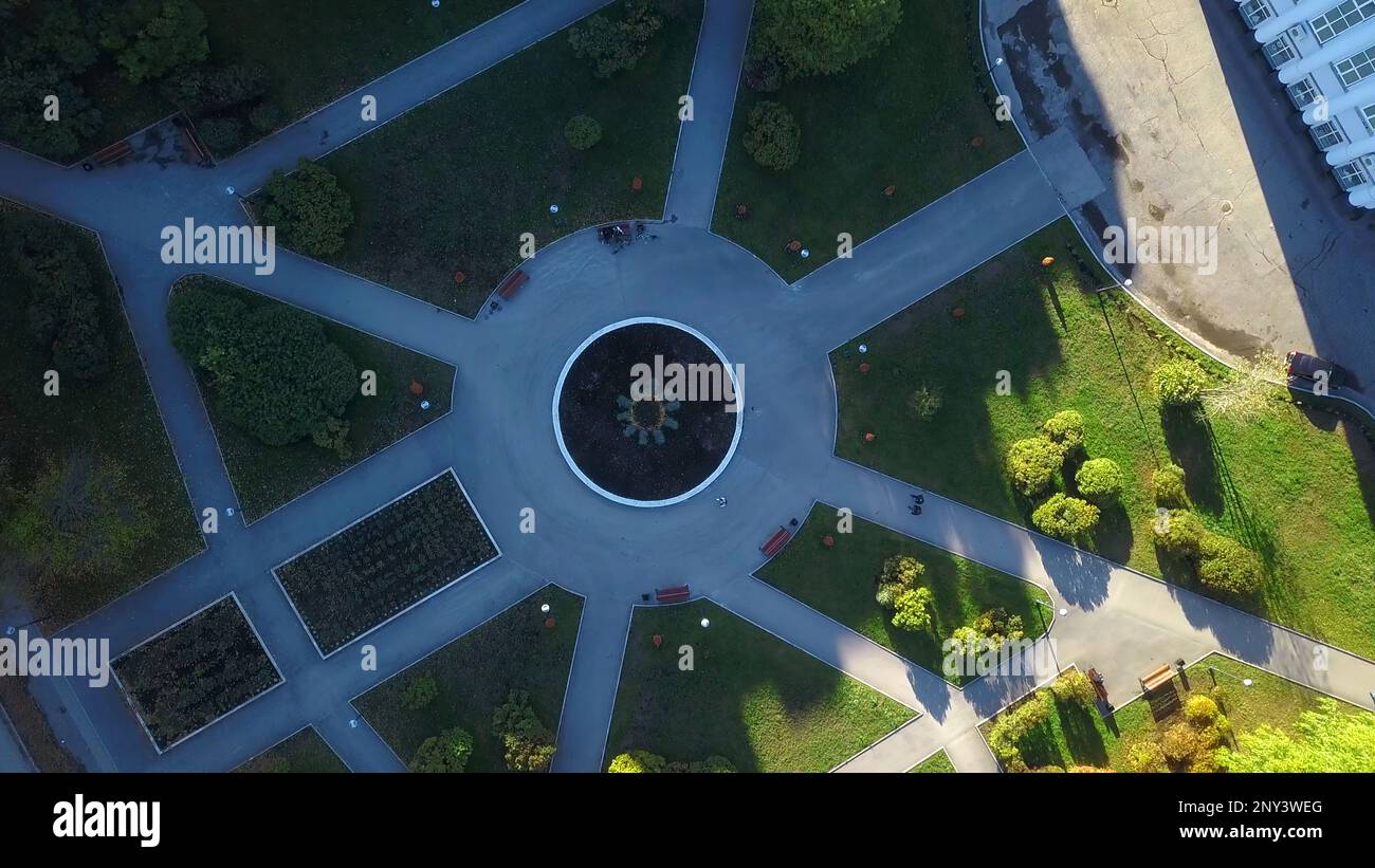 Top view of garden with fountain at manor. Clip. Pattern of paths with ...