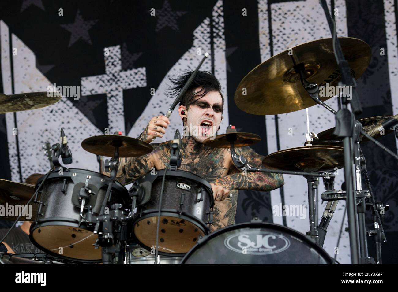 Angelo Parente of Motionless In White performs during the Mayhem Festival at Klipsch Music ...