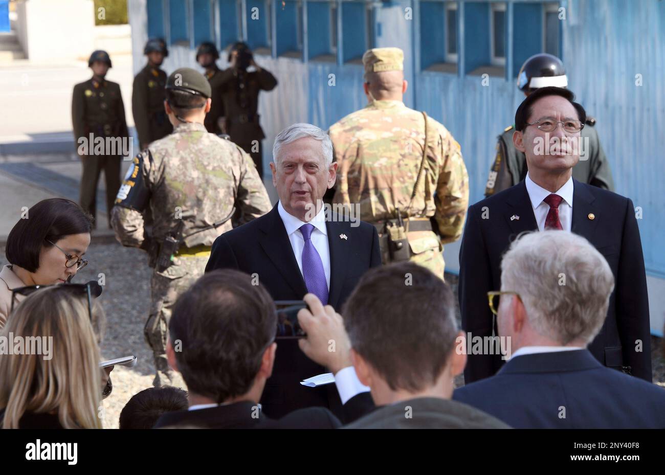 U.S. Defense Secretary Jim Mattis, center, speaks to the media as South ...
