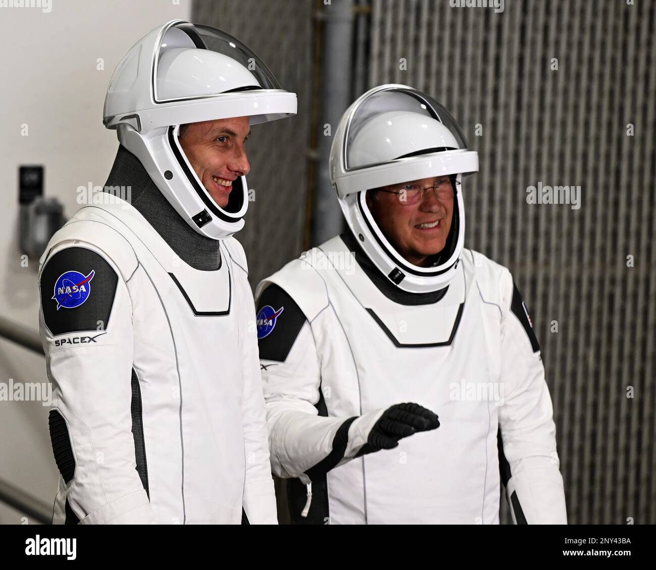 NASA Astronauts Warren Hoburg and Stephan Bowen (l to r) wave to ...