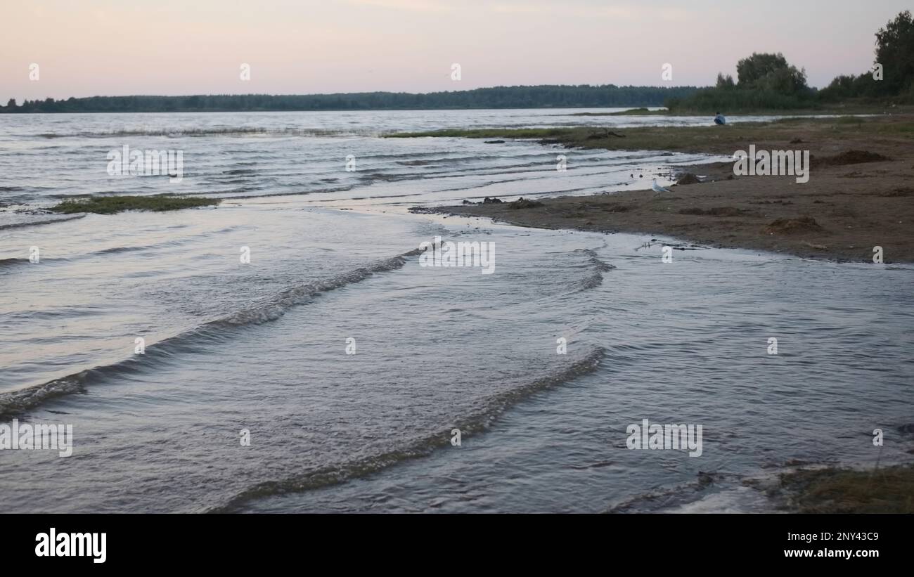 Waves on shallow water of lake beach. Creative. Small waves on village ...