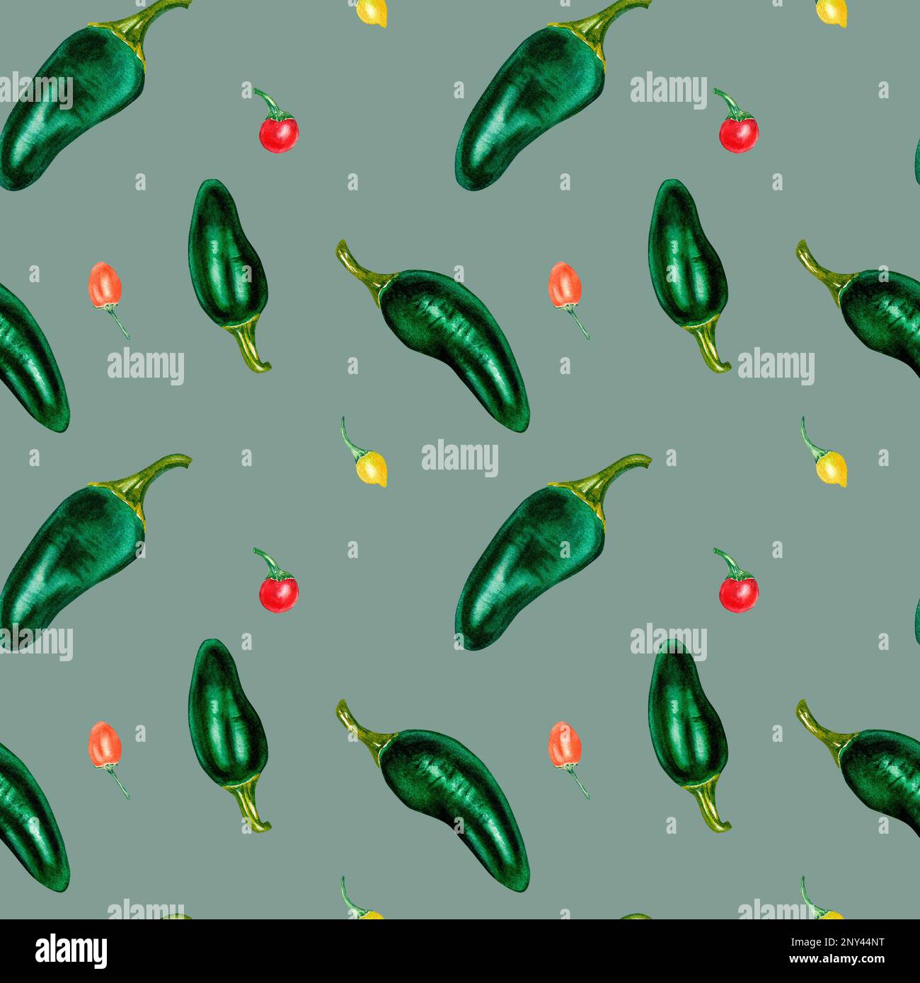 Jalapeno and little peppers. spicy watercolor seamless pattern isolated ...
