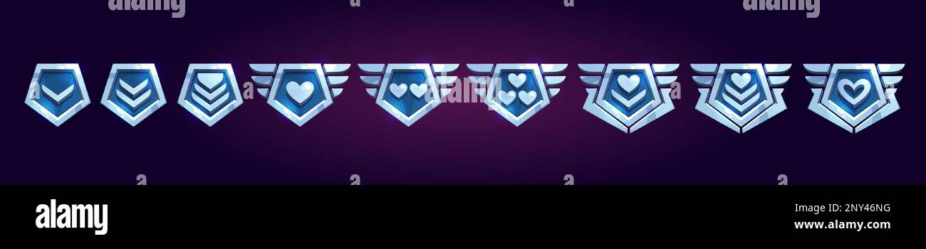 Set of game rank badges with hearts isolated on background. Vector ...