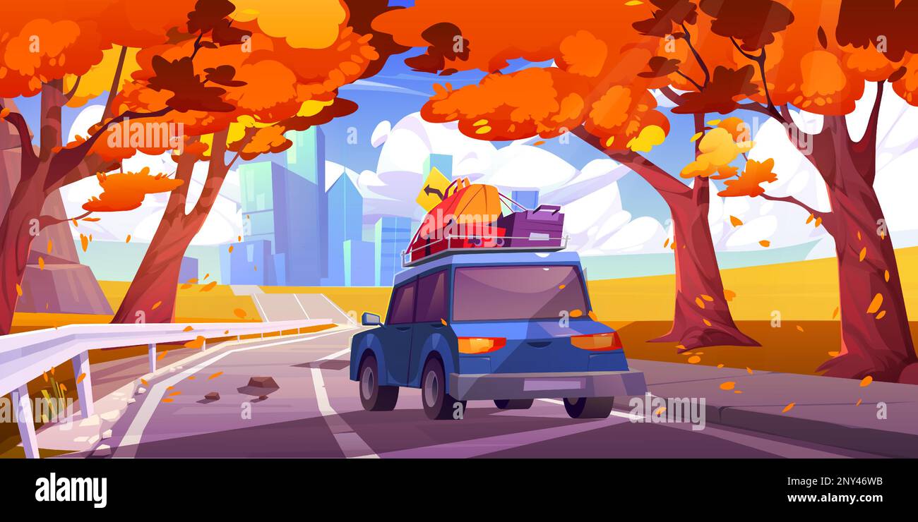 Car drives on road to city. Autumn landscape with town buildings on ...