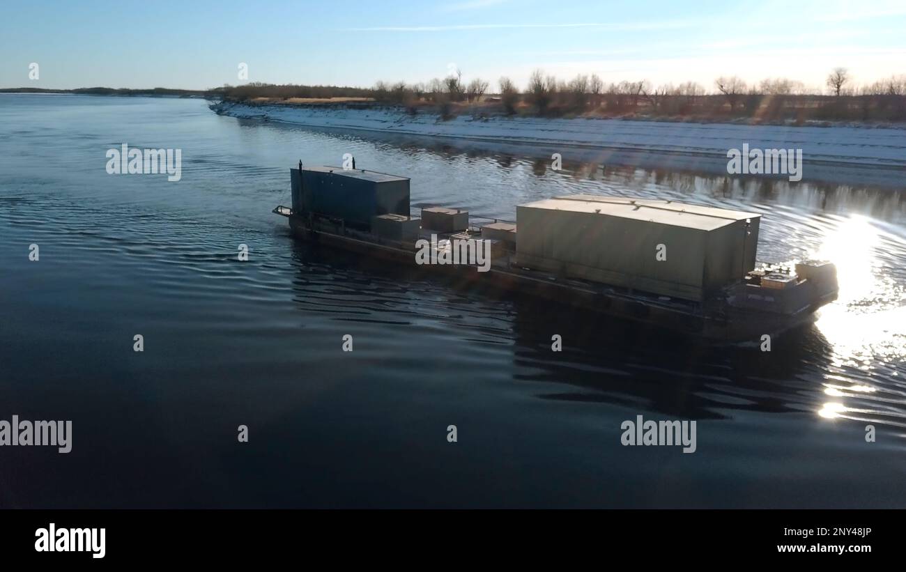 River tow pusher with barge. Clip. Top view of barge floating with ...