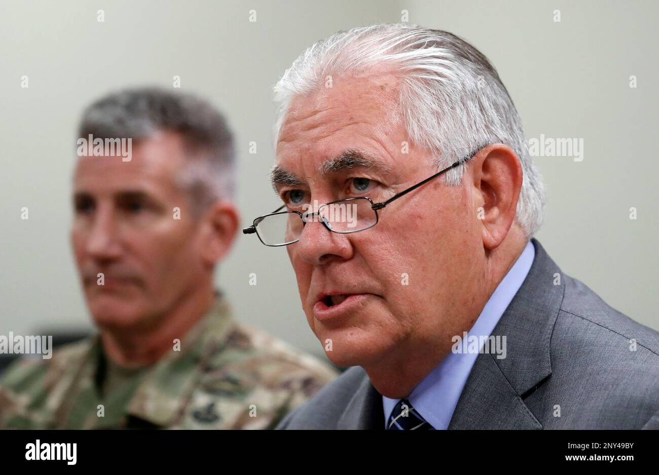 Secretary of State Rex Tillerson speaks during a media availability ...