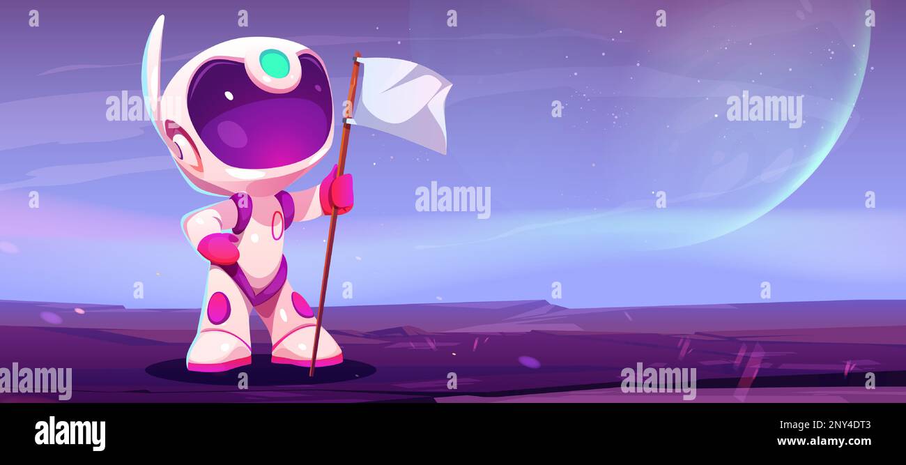 Cute astronaut standing on alien planet surface with white flag. Vector cartoon illustration of ...