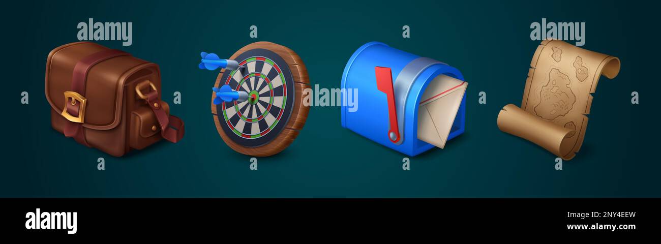 Props game vector icons set with target, bag, map and mailbox. Mission ...