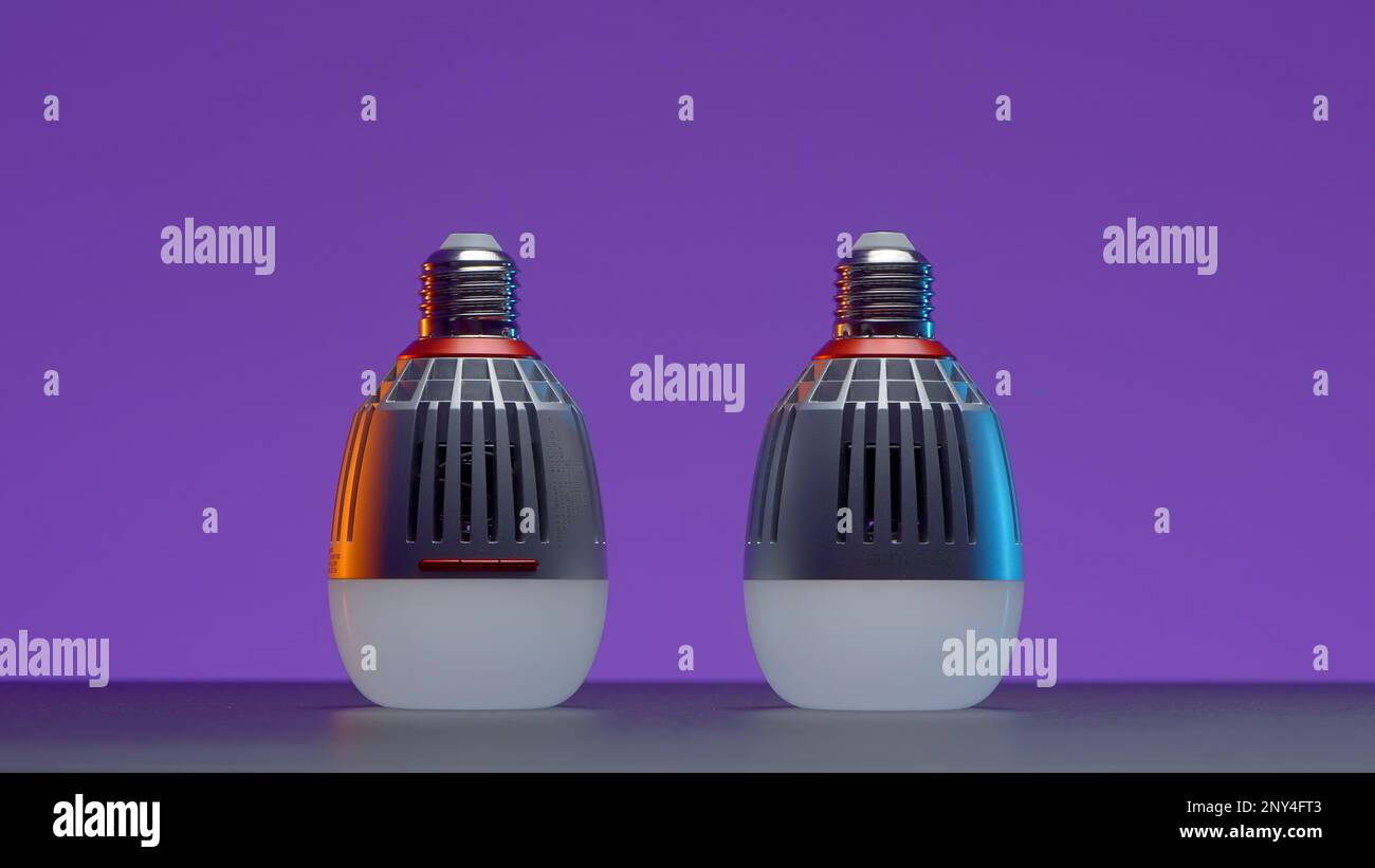 Purple background. Action. Small light bulbs with white bright light ...