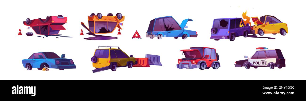 Car crash cartoon scene set. Vehicle accident, riots and disturbances ...