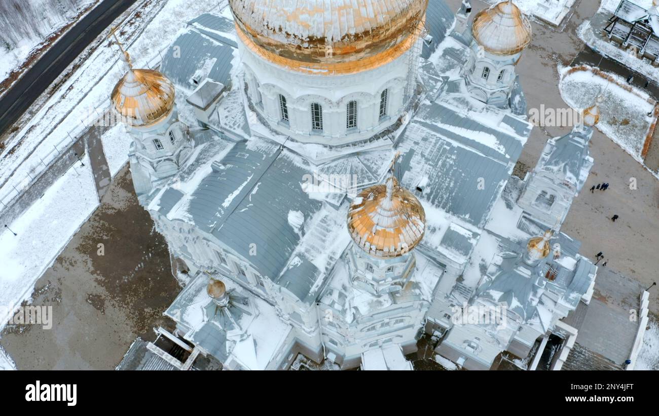Blue big monastery. Bird's-eye view. Clip. Winter snow next to the ...