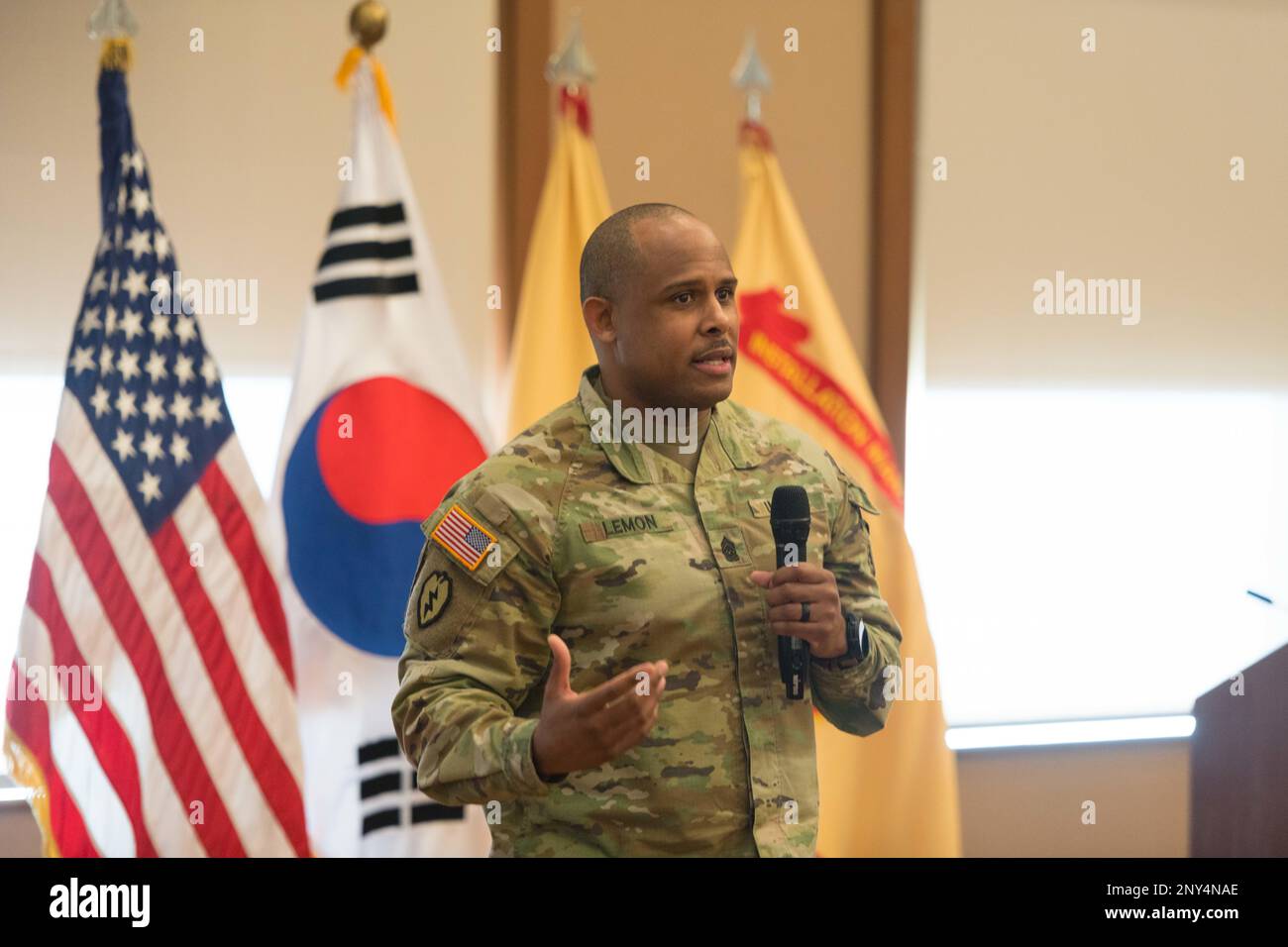Command Sgt. Maj. Benjamin Lemon speaks during a farewell lunch in his ...
