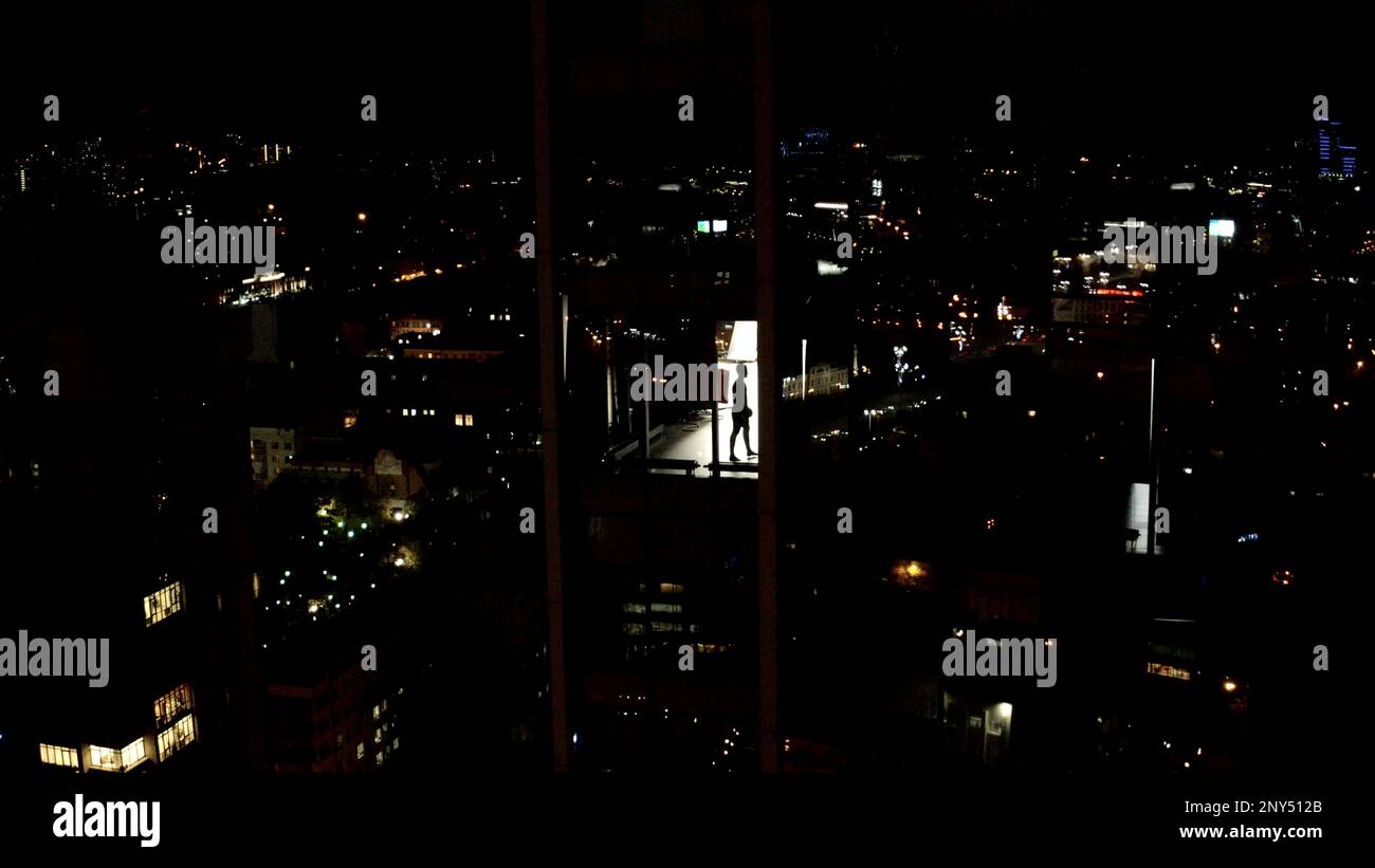 Top view of panorama of modern city at night. Stock footage. Glowing ...