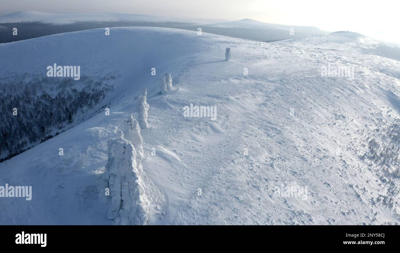 Landscape in sub-zero temperatures from above. Clip.Snowy empty ...